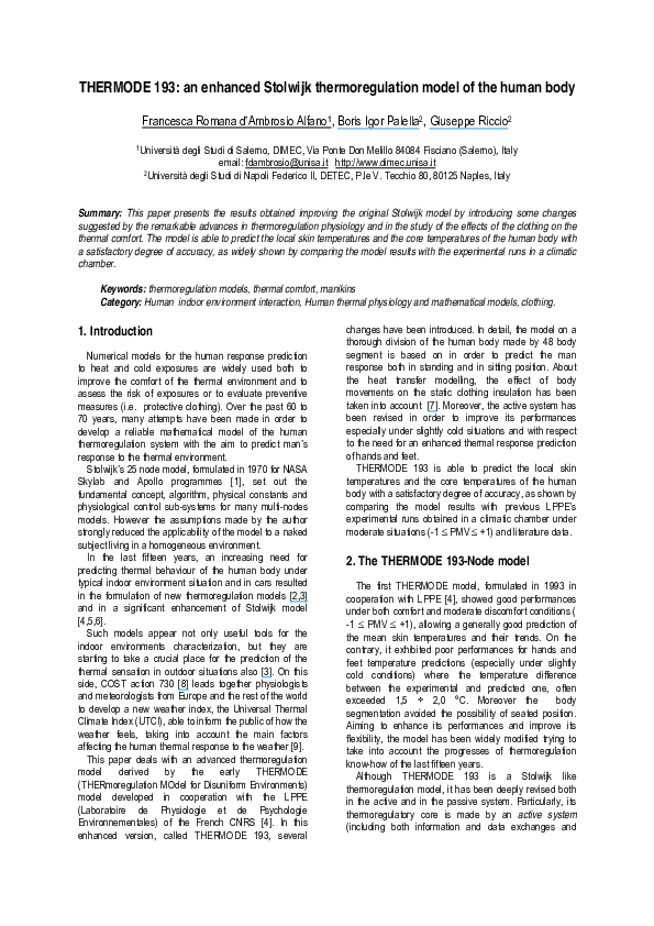 (PDF) Thermode 193: an enhanced Stolwijk thermoregulation model of the ...