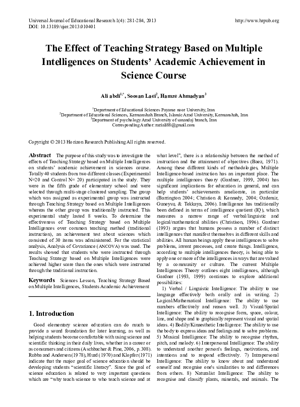 (PDF) The Effect of Teaching Strategy Based on Multiple Intelligences ...