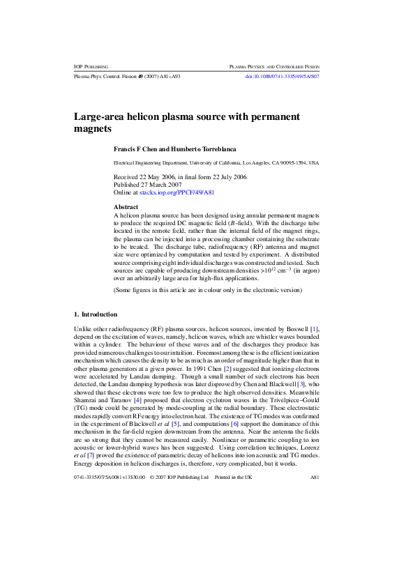 (PDF) Large-area helicon plasma source with permanent magnets