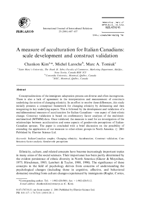 (PDF) A measure of acculturation for Italian Canadians: scale development and construct validation