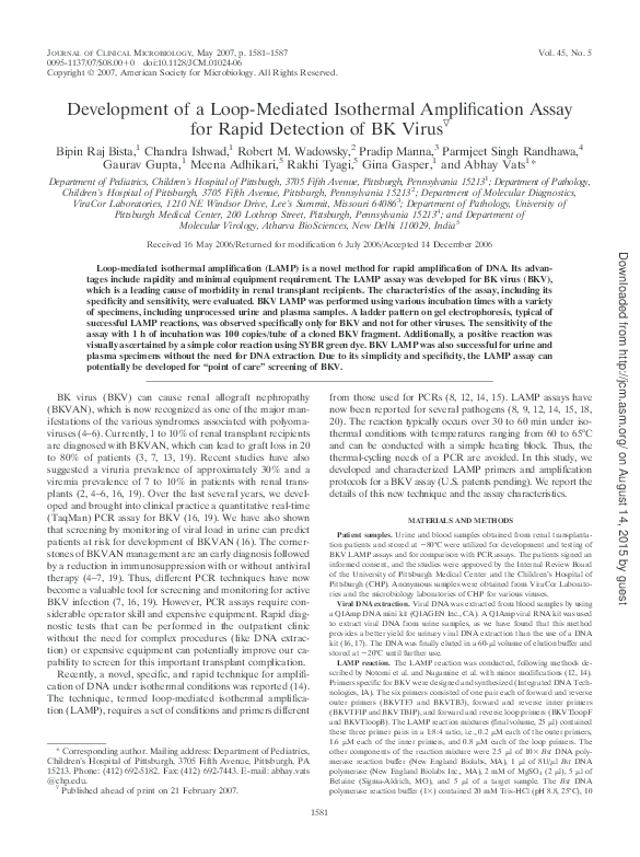 (PDF) Development of a Loop-Mediated Isothermal Amplification Assay for Rapid Detection of BK Virus