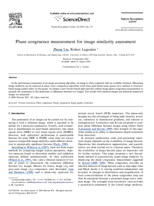 (PDF) Phase congruence measurement for image similarity assessment