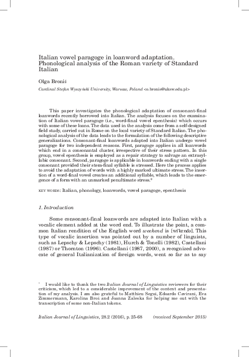 (PDF) Vowel Paragoge in Italian Loanword Adaptation