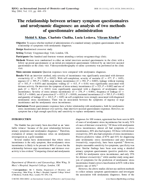 (PDF) The relationship between urinary symptom questionnaires and urodynamic diagnoses: an ...