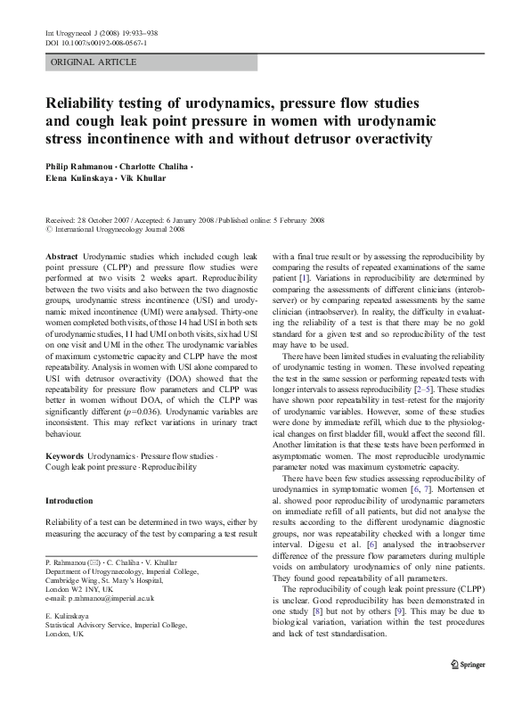 (PDF) Reliability testing of urodynamics, pressure flow studies and ...