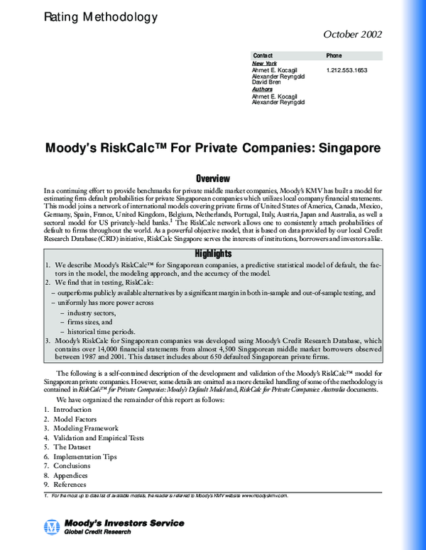 (PDF) Moody's RiskCalc™ For Private Companies: Singapore