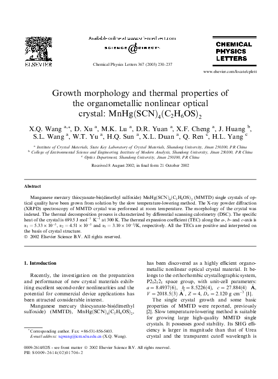 (PDF) Growth morphology and thermal properties of the organometallic nonlinear optical crystal ...