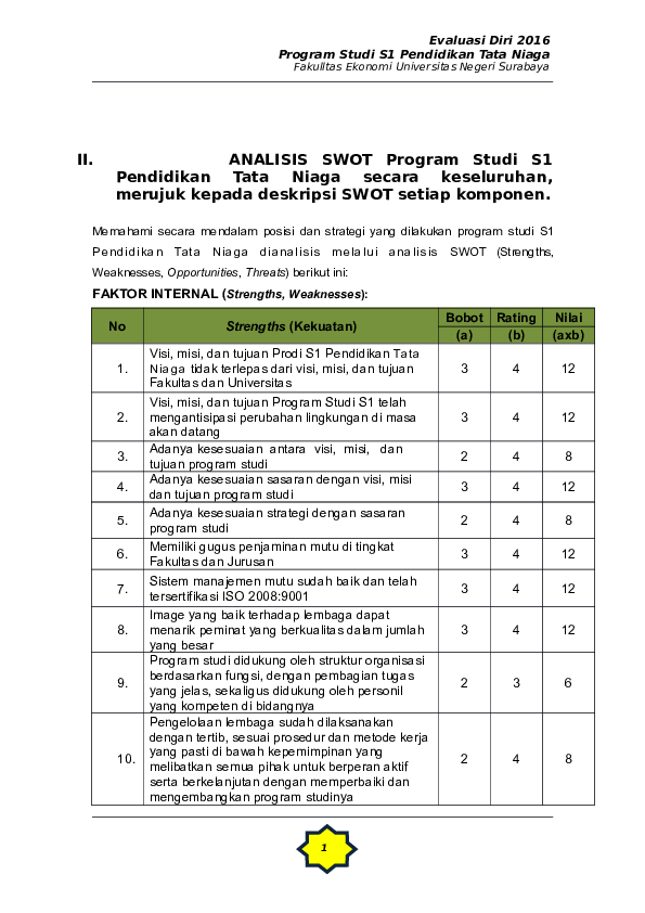 (DOC) ANALISIS SWOT Program Studi S1 Pendidikan Tata Niaga secara keseluruhan, merujuk kepada ...