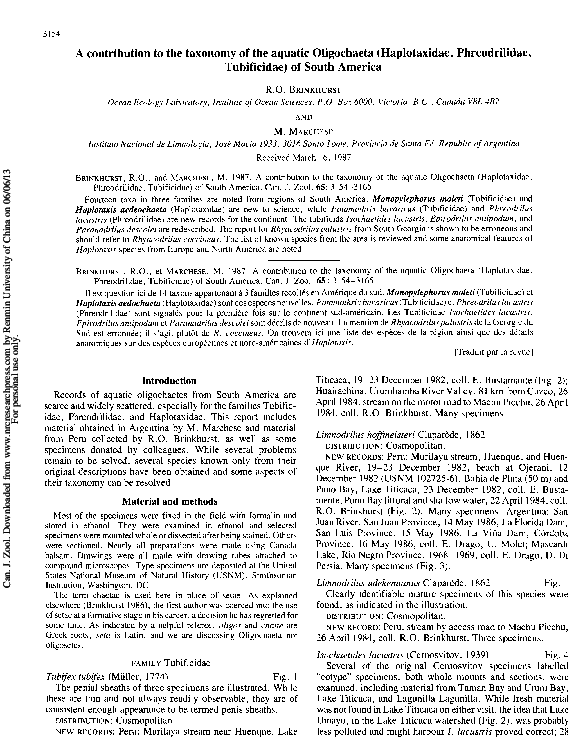 (PDF) A contribution to the taxonomy of the aquatic Oligochaeta ...