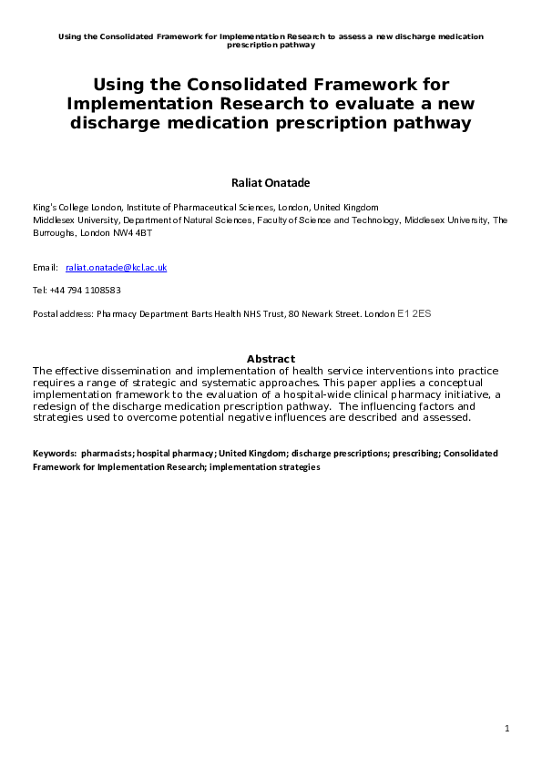 (PDF) Using the Consolidated Framework for Implementation Research to ...