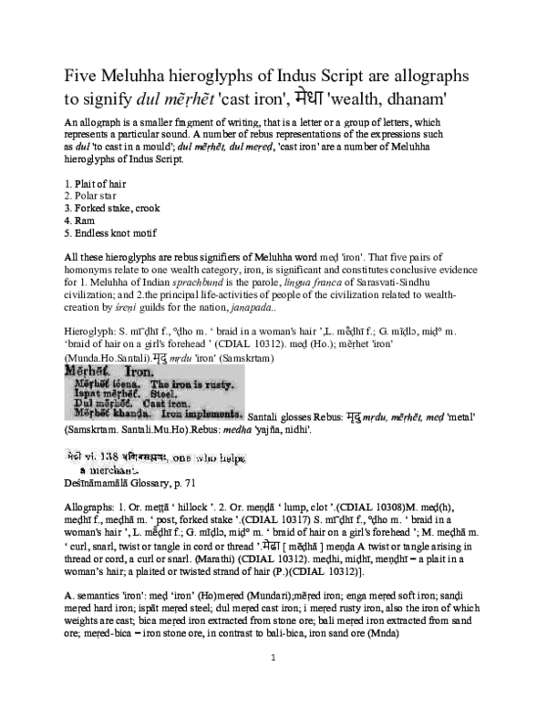 (PDF) Five Meluhha hieroglyphs of Indus Script are allographs to ...