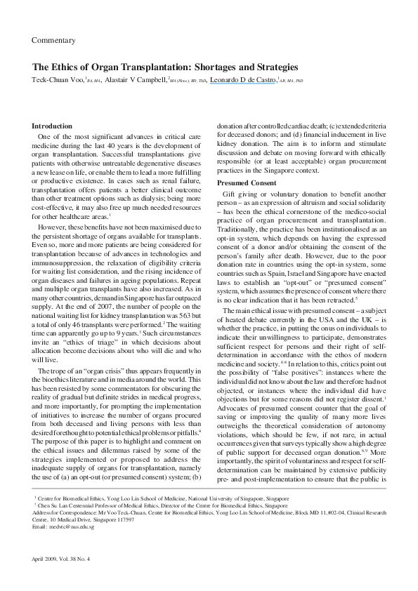 (PDF) The ethics of organ transplantation: shortages and strategies