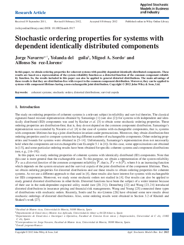 Pdf Stochastic Ordering Properties For Systems With Dependent Identically Distributed Components