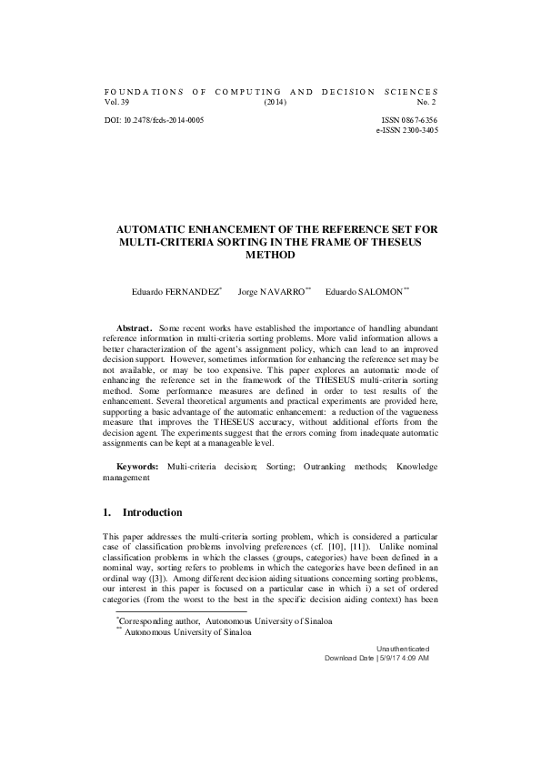 Pdf Automatic Enhancement Of The Reference Set For Multi Criteria Sorting In The Frame Of