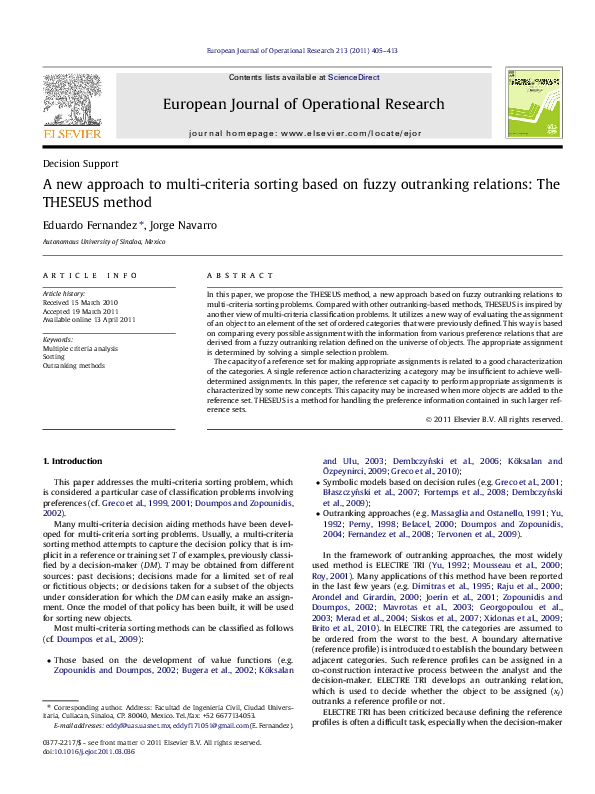 Pdf A New Approach To Multi Criteria Sorting Based On Fuzzy Outranking Relations The Theseus