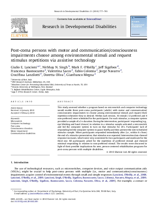 (PDF) Post-coma persons with motor and communication/consciousness ...