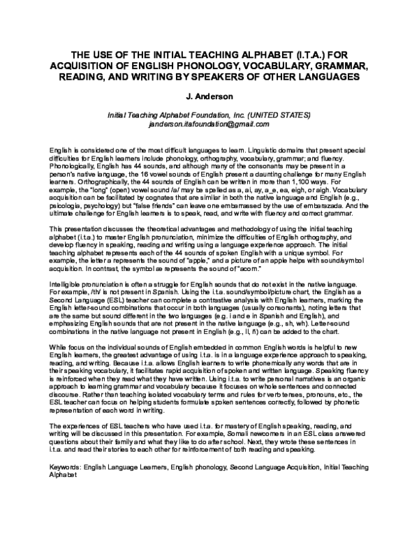 (DOC) THE USE OF THE INITIAL TEACHING ALPHABET (I.T.A.) FOR ACQUISITION OF ENGLISH PHONOLOGY ...
