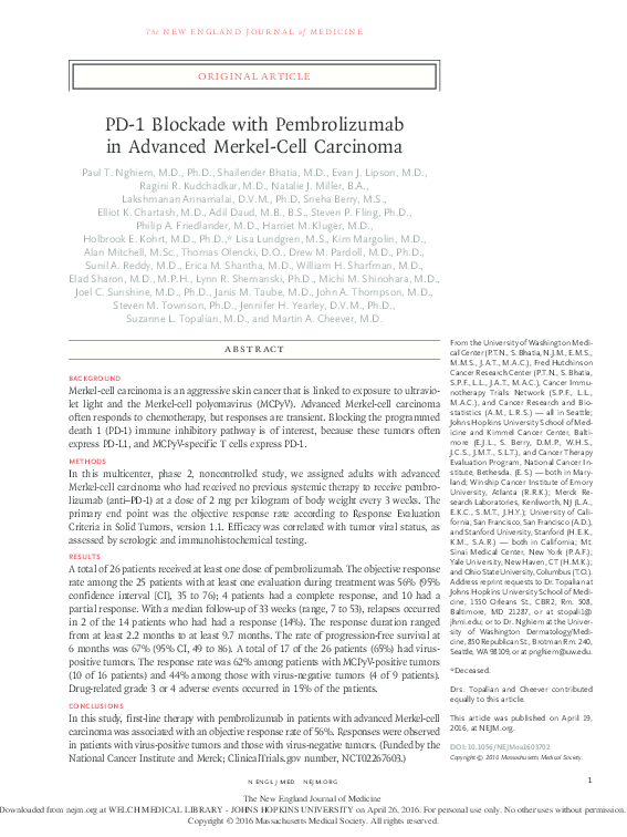 (PDF) PD 1 Blockade with Pembrolizumab in Advanced Merkel Cell Carcinoma