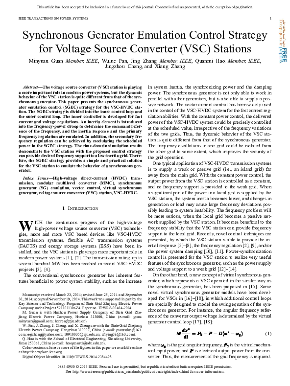 (PDF) Synchronous Generator Emulation Control Strategy for Voltage Source Converter (VSC) Stations