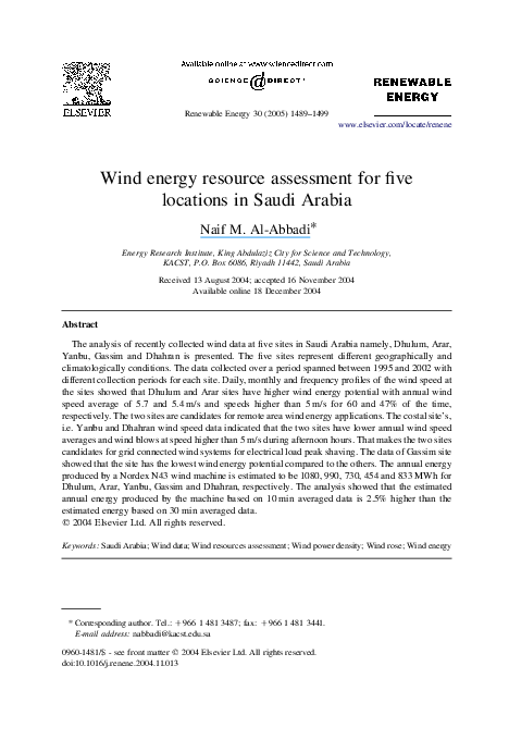 (PDF) Wind energy resource assessment for five locations in Saudi Arabia