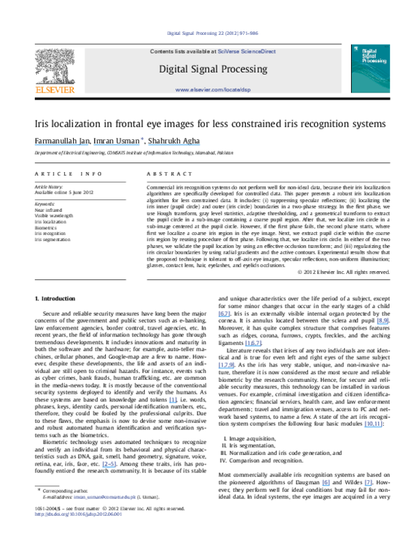 (PDF) Iris localization in frontal eye images for less constrained iris recognition systems