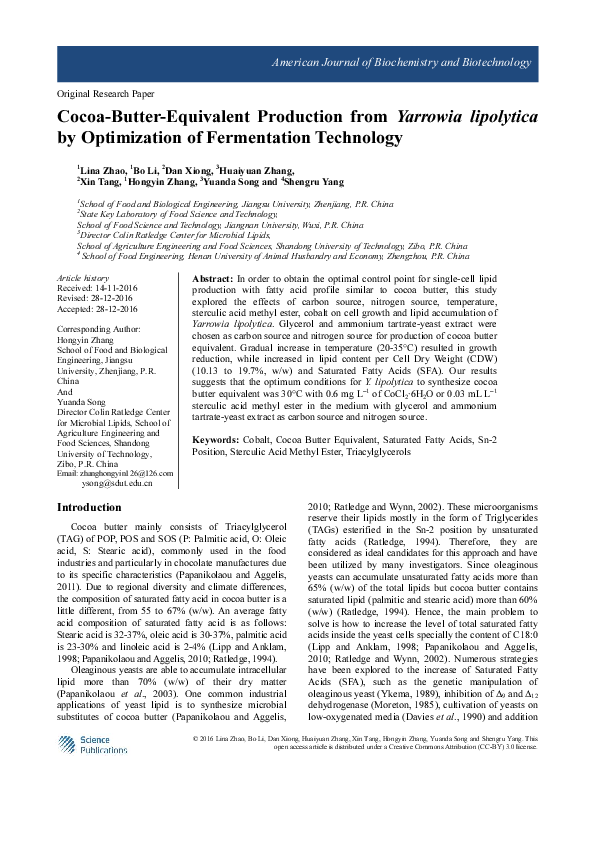 Pdf Cocoa Butter Equivalent Production From Yarrowia Lipolytica By Optimization Of