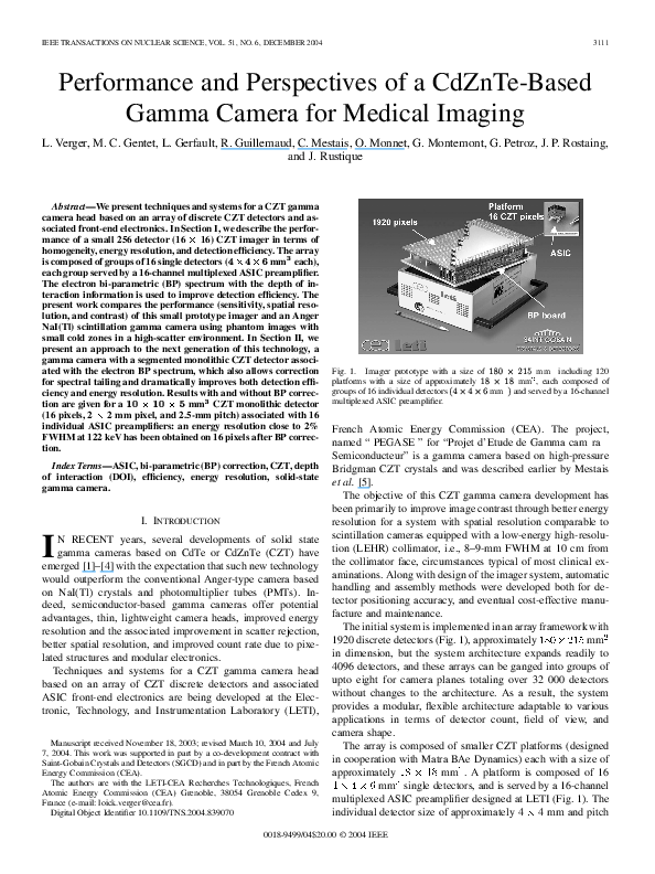 Pdf Performance And Perspectives Of A Cdznte Based Gamma Camera For Medical Imaging