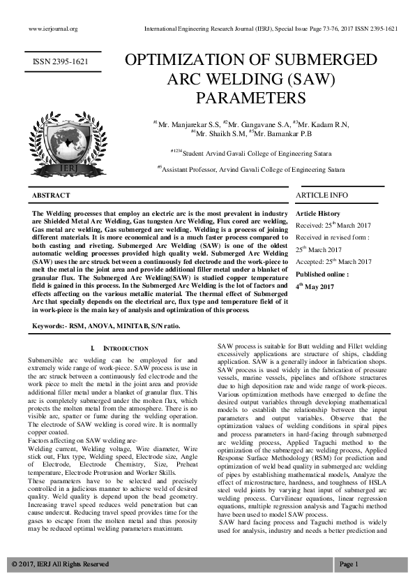 (PDF) OPTIMIZATION OF SUBMERGED ARC WELDING (SAW) PARAMETERS