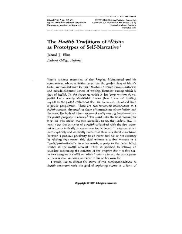 (PDF) The Hadith Traditions of 'A'isha as Prototypes of Self-Narrative