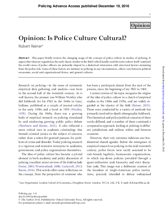 (PDF) Opinion: Is Police Culture Cultural