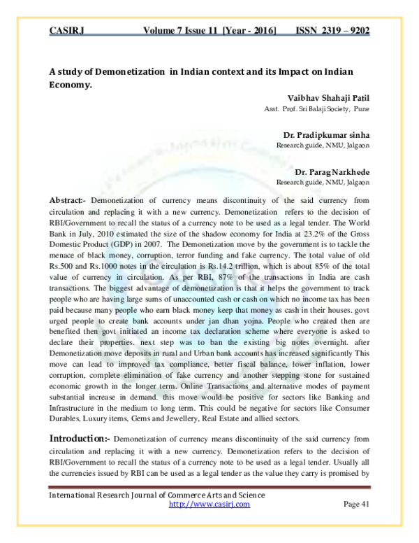(PDF) A study of Demonetization in Indian context and its Impact on ...