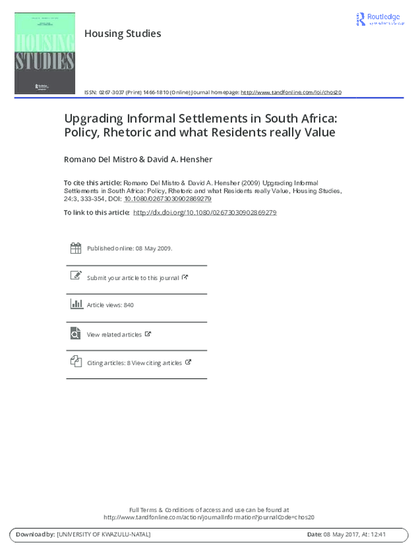 (PDF) Housing Studies Upgrading Informal Settlements in South Africa ...