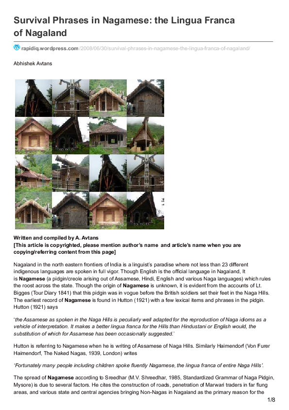 (PDF) Survival Phrases in Nagamese: the Lingua Franca of Nagaland