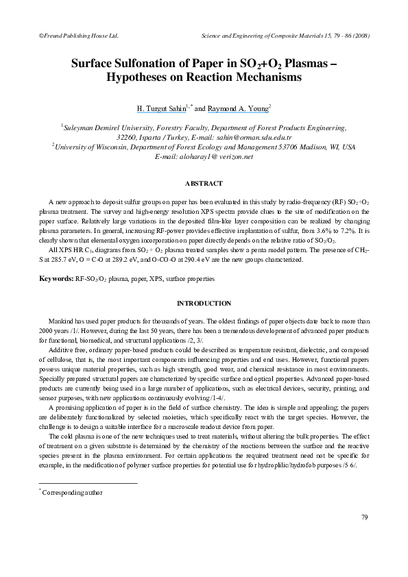 (PDF) Surface Sulfonation of Paper in S02+02 Plasmas - Hypotheses on ...