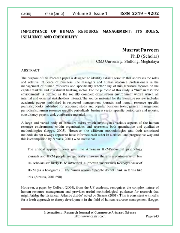 (PDF) IMPORTANCE OF HUMAN RESOURCE MANAGEMENT: ITS ROLES, INFLUENCE AND ...