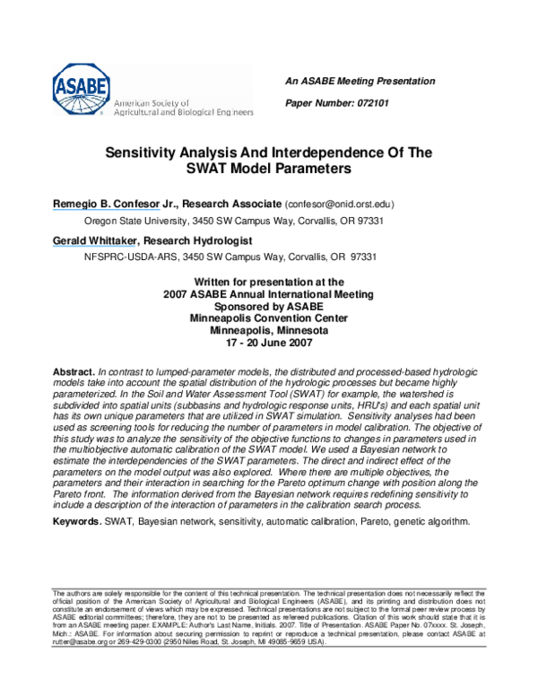 Pdf Sensitivity Analysis And Interdependence Of The Swat Model Parameters