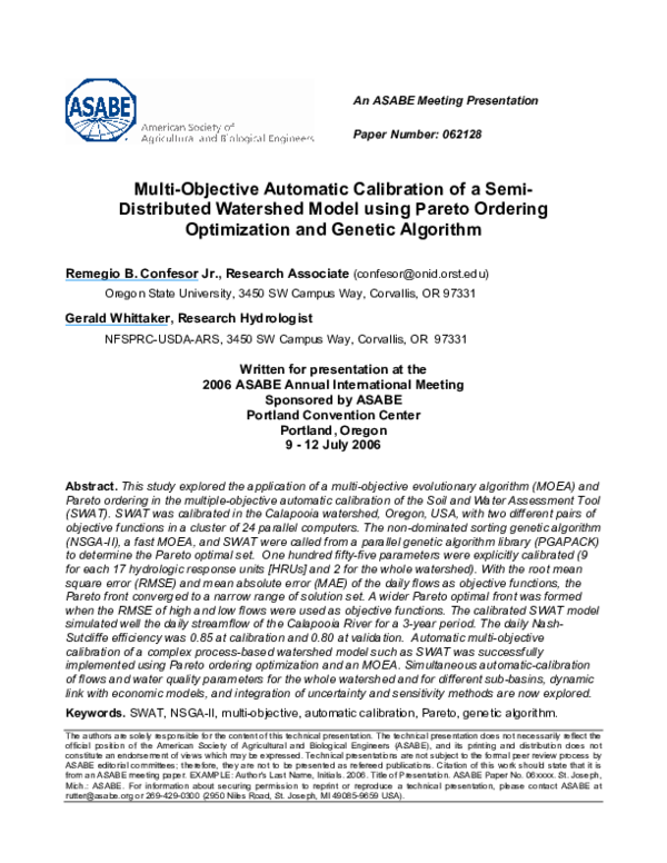 (PDF) Multi-Objective Automatic Calibration of a Semi-Distributed Watershed Model using Pareto ...
