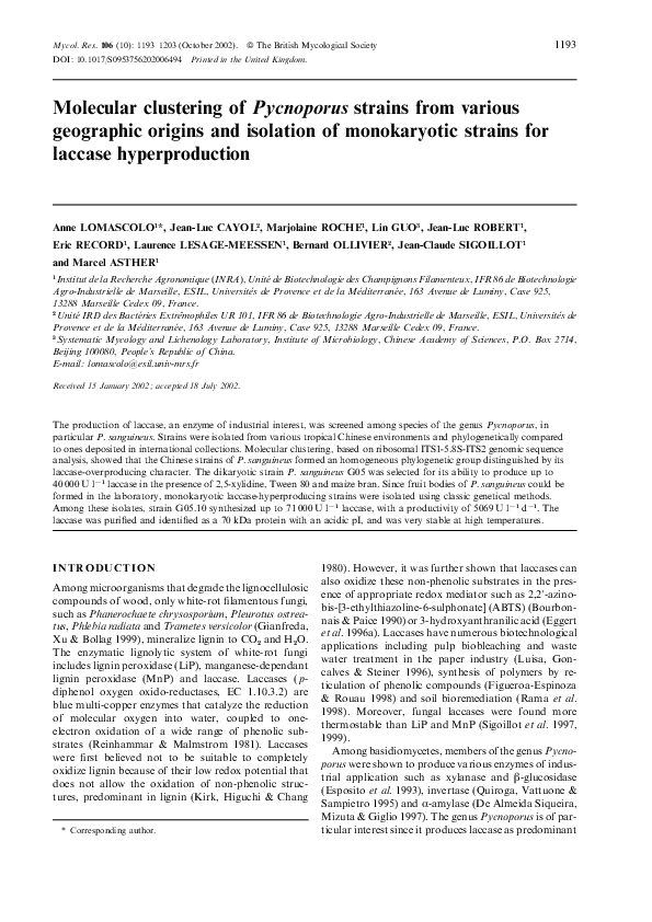(PDF) Molecular clustering of Pycnoporus strains from various geographic origins and isolation ...