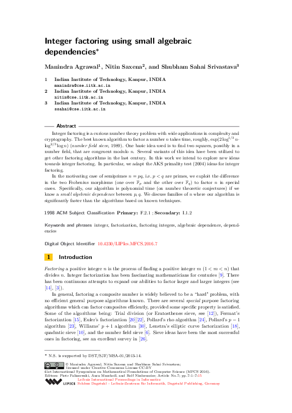 Pdf Integer Factoring Using Small Algebraic Dependencies Shubham 0883