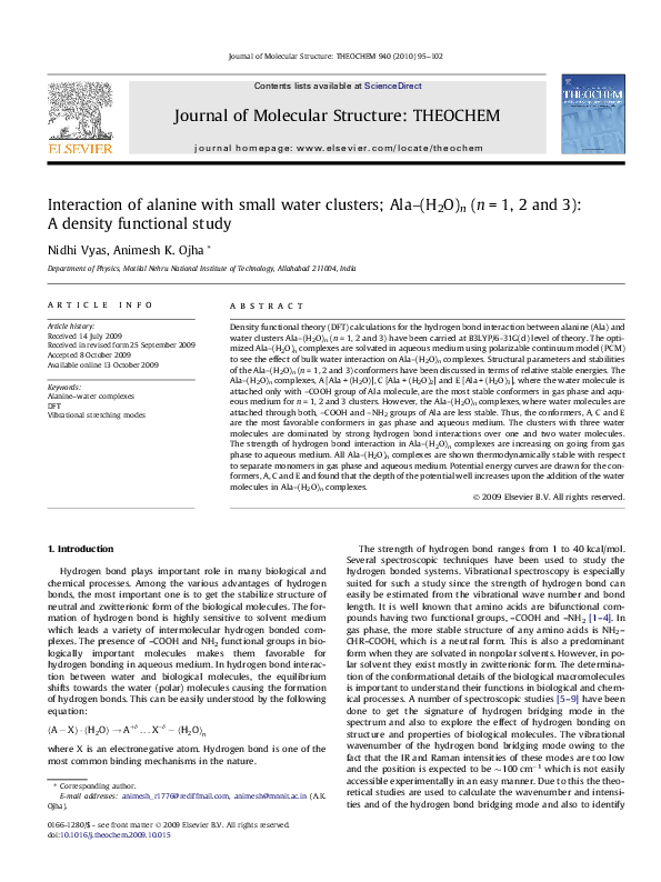 (PDF) Interaction of alanine with small water clusters; Ala–(H2O)n (n=1 ...