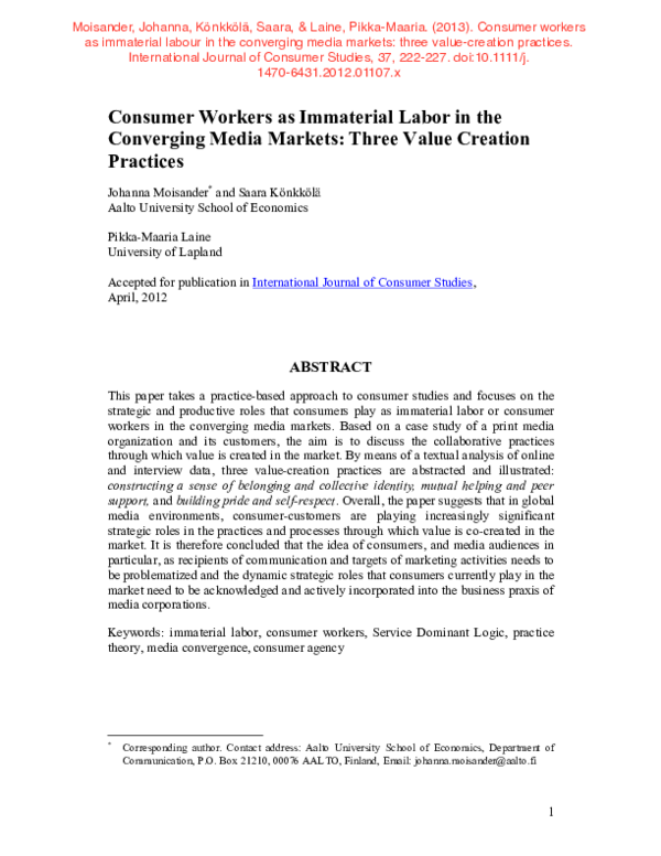 (PDF) Consumer Workers as Immaterial Labor in the Converging Media ...