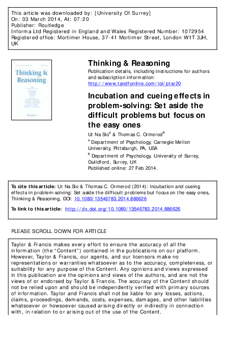 (PDF) Thinking & Reasoning Incubation and cueing effects in problem-solving: Set aside the ...