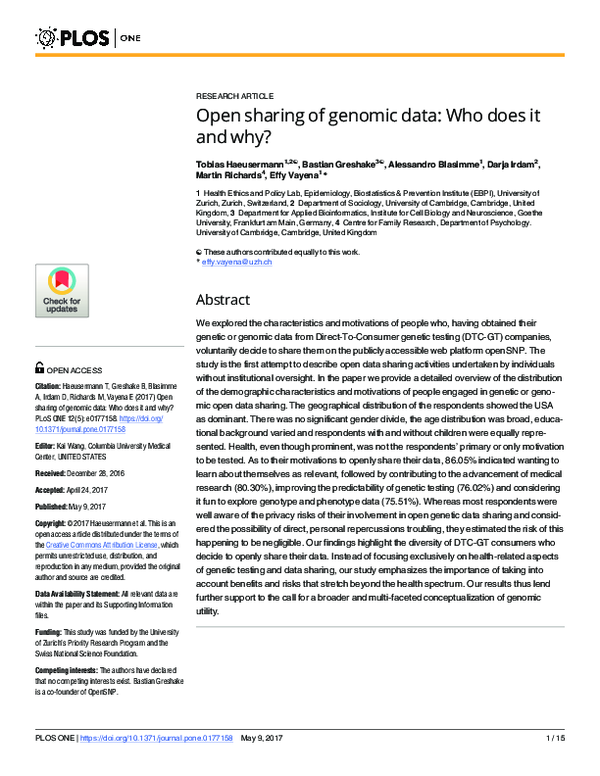 (PDF) Open sharing of genomic data: Who does it and why