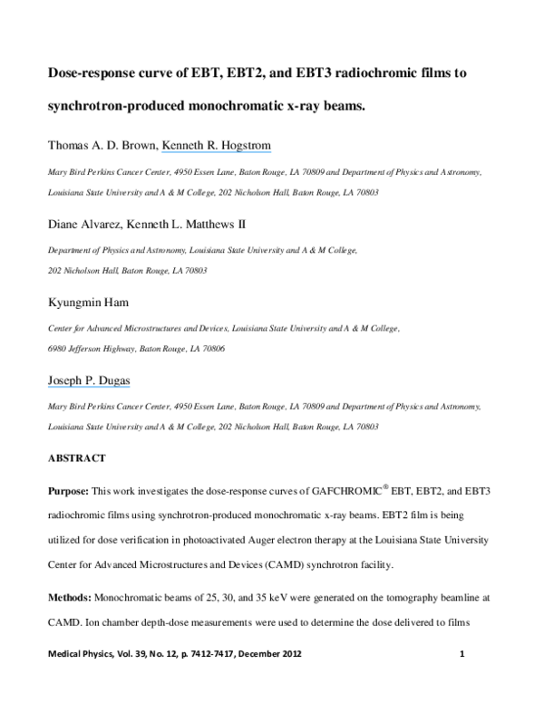 (PDF) Dose-response curve of EBT, EBT2, and EBT3 radiochromic films to synchrotron-produced ...