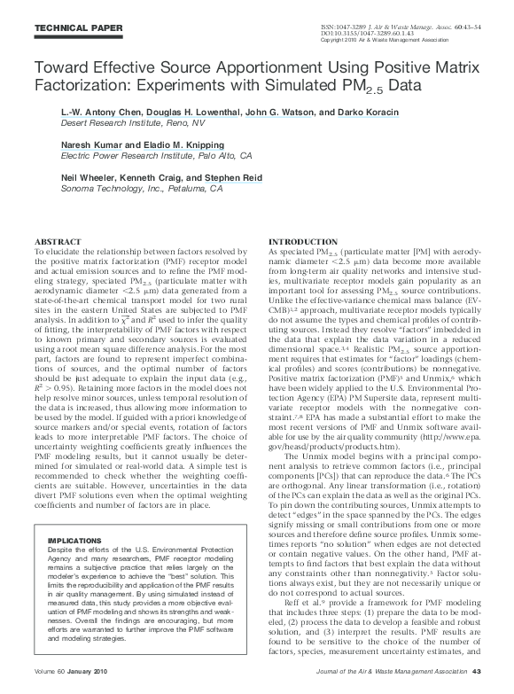 (PDF) Toward Effective Source Apportionment Using Positive Matrix Factorization: Experiments ...