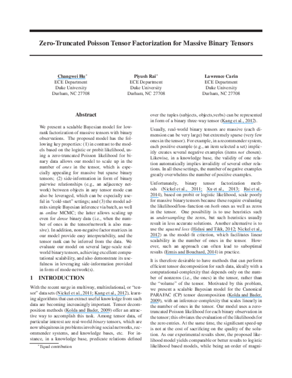Pdf Zero Truncated Poisson Tensor Factorization Of Massive Binary Tensors Piyush Rai 