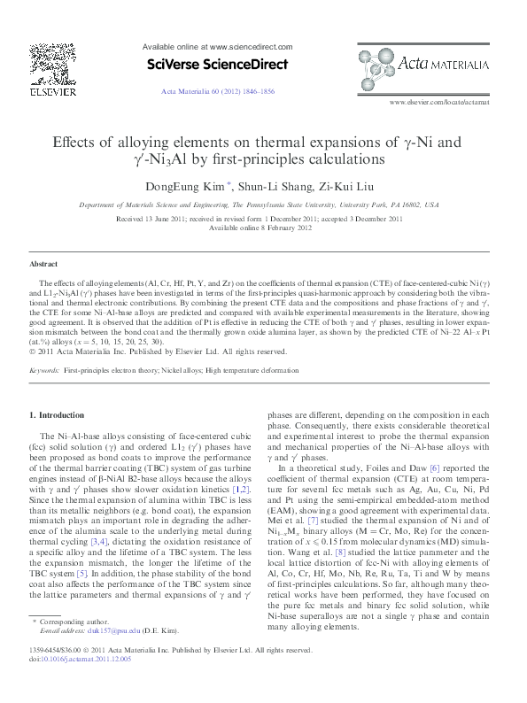 (PDF) Effects of alloying elements on thermal expansions of γ-Ni and γ′-Ni3Al by first ...