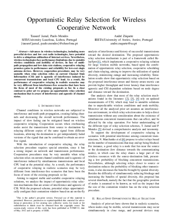 Pdf Opportunistic Relay Selection For Wireless Cooperative Network