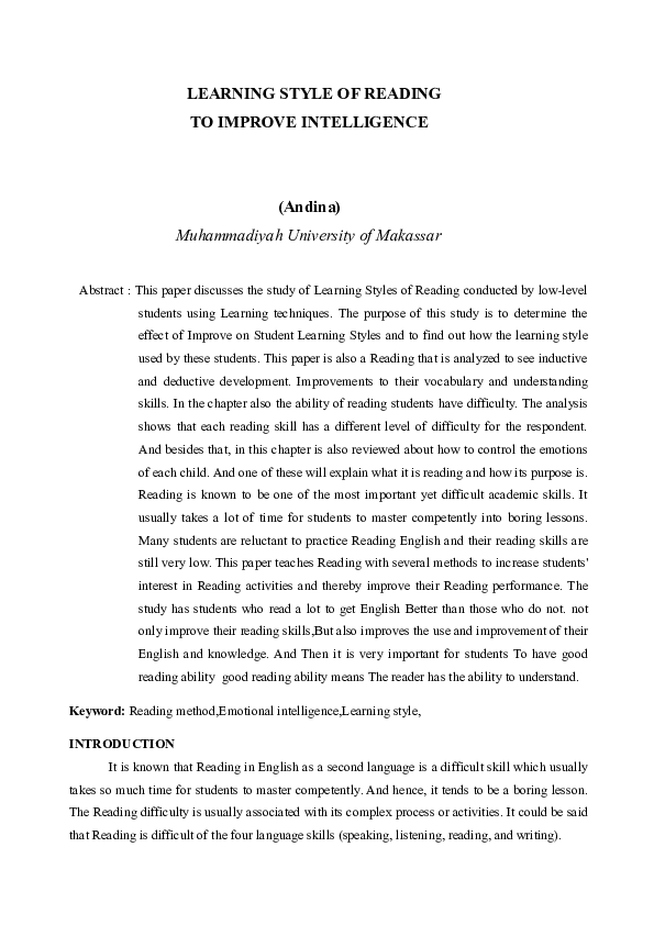 (DOC) LEARNING STYLE OF READING TO IMPROVE INTELLIGENCE | andina 2212 ...