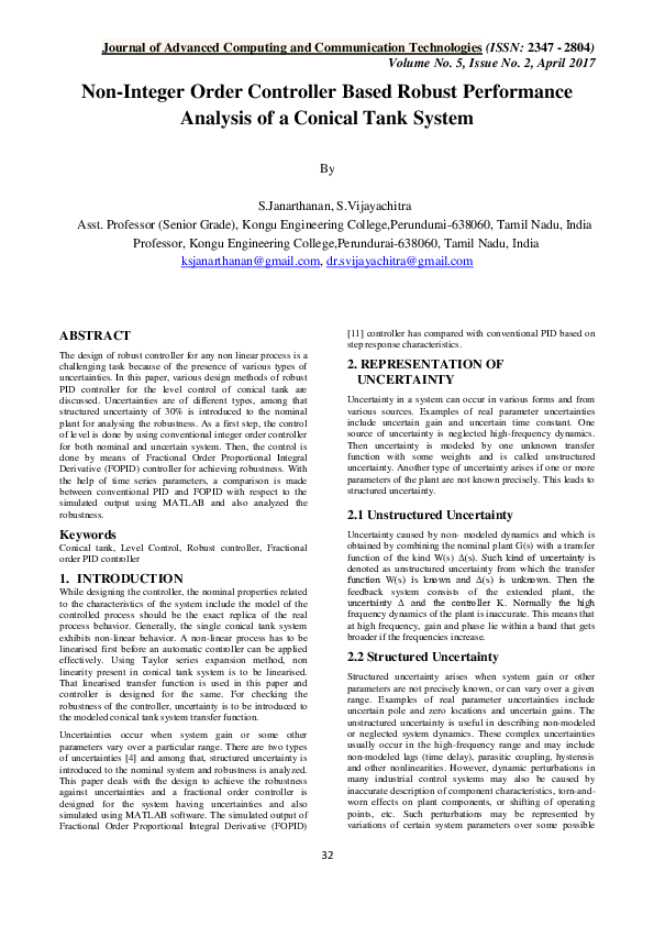Pdf Non Integer Order Controller Based Robust Performance Analysis Of A Conical Tank System